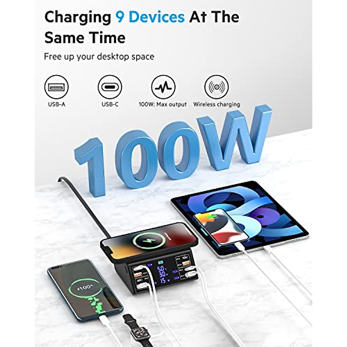 LMAIVE USB Charging Station, 100W Charging Station, 8-Ports Charging Station for Multiple Devices, Multi USB Charger Station, USB C Charging Station Compatible with iPhone, iPad, Samsung, Huawei