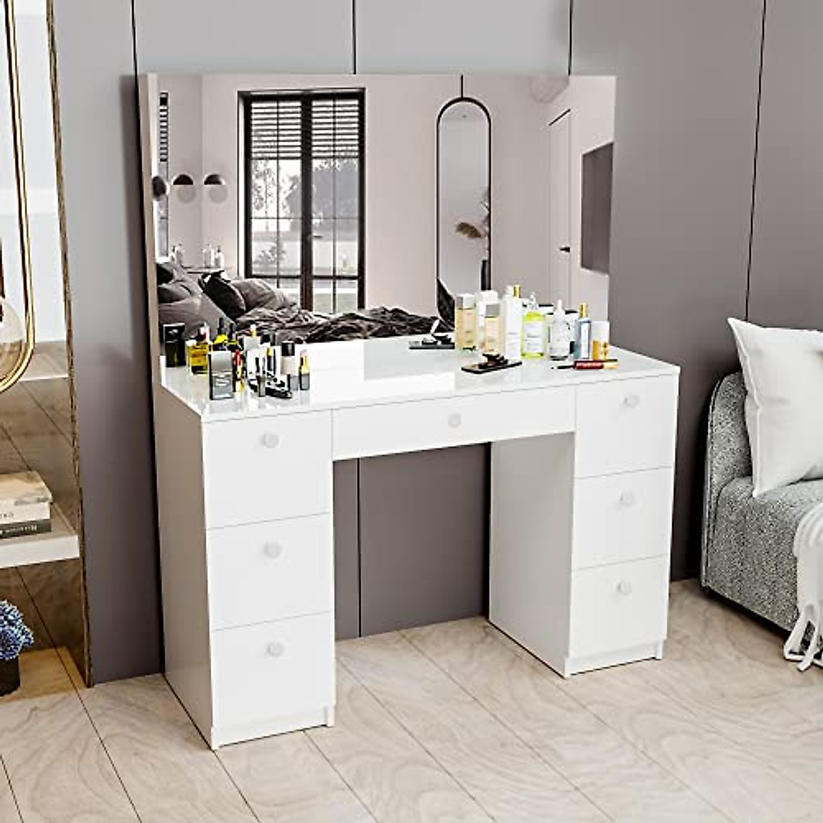 Boahaus Artemisia Vanity Makeup Desk with 7 Drawers, Full-Width Framless Hollywood Mirror, White Vanity Dresser with Mirror, Basic Knobs, Modern Painted Makeup Table for Bedroom (New Version 04/2023)