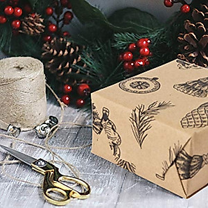 RUSPEPA Christmas Wrapping Paper - Brown Kraft Paper with Black Christmas Elements Print Paper - 4 Roll-30Inch X 10Feet Per Roll