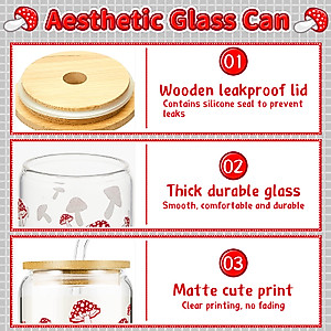 Gejoy Mushroom Glass Cups with Lids and Straws 18 oz Drinking Glasses Cute Iced Coffee Glasses Aesthetic Glass Coffee Cups Cute Tumbler for Mushroom Lovers Women Mom Friend Wife(2 Pcs)