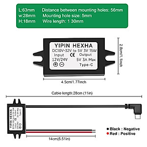 YIPIN HEXHA DC 24V/12V to 5V USB Type-C Right Angle Step Down Converter Output 3A 15W Buck Module Power Adapter, Compatible with Raspberry Pi 4, Mobile Phones