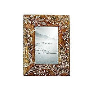 Foreside Home and Garden Natural 4 x 6 inch Floral Pattern Decorative Wood Picture Frame, 4x6, Brown, White