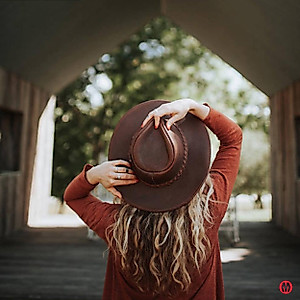 Minnetonka Outback Hat - Flat Brimmed Cowboy Hat for Men and Women Made with Distressed Ruff Leather, Hidden Steel Wire in Brim, and Subtle Leather-Braided Accent, Medium-Brown