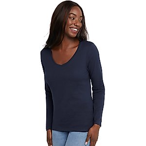 Hanes Comfortblend Women's Originals Long Sleeve Cotton T-Shirt, Lightweight V-Neck Tee, Modern Fit, Navy, X-Large