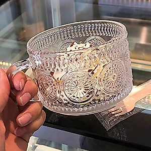 Amzcku Vintage Coffee Tea Cups, Glass Mugs 14 Oz Set of 2 Embossed Glassware with Handle, for Cappuccino, Latte, Cereal, Yogurt, Beverage Hot/Cold, Milk