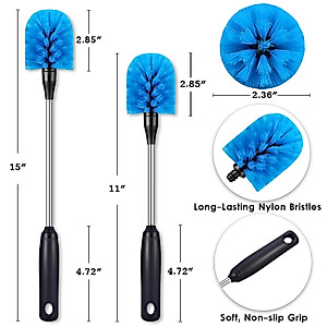 MOSOLAN Stainless Steel Bottle Brush, 2 Pack Long Handle Water Bottle Scrubbing Brush with Removable Head, Built for Cleaning Sports Bottles, Baby Bottles, Cups, Mugs, Glasswares, Flask, 13 in - 15 in