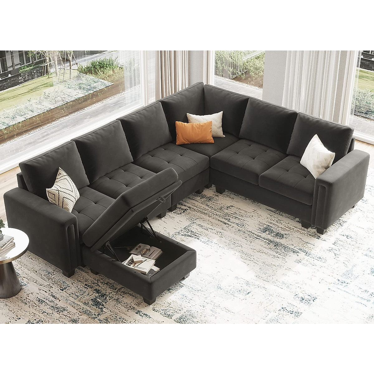 Belffin Velvet Modular Sectional Sofa with Storage Ottoman 6 Seater L Shaped Sectional Modular Sofa Couch with Reversible Chaise Convertible Corner Sectional Couch Grey