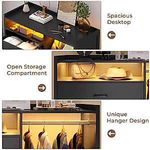 VIAGDO Dresser for Bedroom with Clothes Rail, Chest of 4 Drawers with LED Lights, Modern Black Dresser with Open Storage Space for Bedroom Entryway, Large Capacity