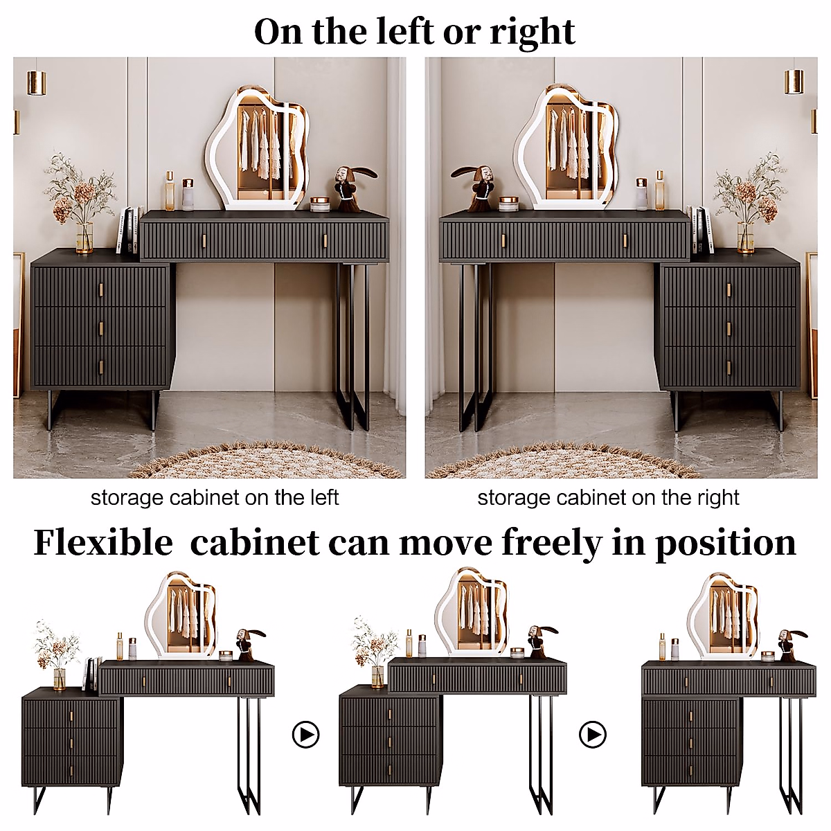 Black Vanity Desk with Mirror and Lights,Small Makeup Vanity with 5 Drawers，Modern Makeup Table with Adjustable Cabinet for Bedroom,Makeup Room