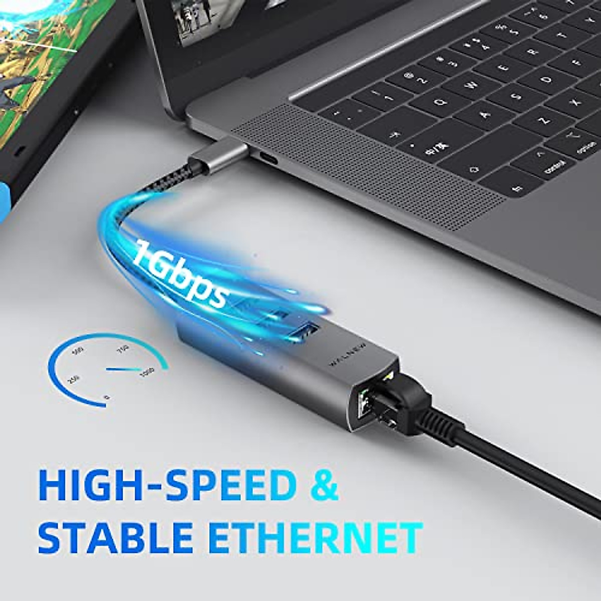 USB C to Ethernet Adapter, WALNEW 4-in-1 USB-C to USB 3.0 Hub with Gigabit Ethernet Adapter,Thunderbolt 3 to Gigabit Ethernet LAN Network Adapter for MacBook Pro/Air, iPad Pro, Dell XPS and More
