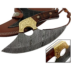 Damascus Steel alaskan Ulu Knife - Fixed Blade knife for Chopping Boning Slicing Cutting,Solid Burl Rose Wood Handle with Leather Sheath.SM145