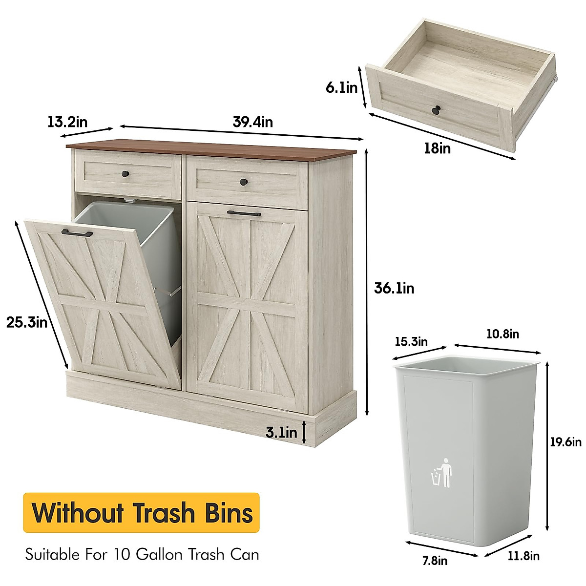 Halitaa Trash Can Cabinet, Double Tilt Out Trash Cabinet with 2 Drawers, Hidden Kitchen Trash Bin Cabinet for 10 Gallon Garbage Can, Free Standing Holder Wooden, Walnut White