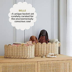 BEBE BASK Scalloped Basket Set Of 2 - Hand Woven Scallop Basket - 16 x 10 x 7 In - Scalloped Wicker Basket - Scalloped Edge Basket - Scalloped Storage Basket (Natural)