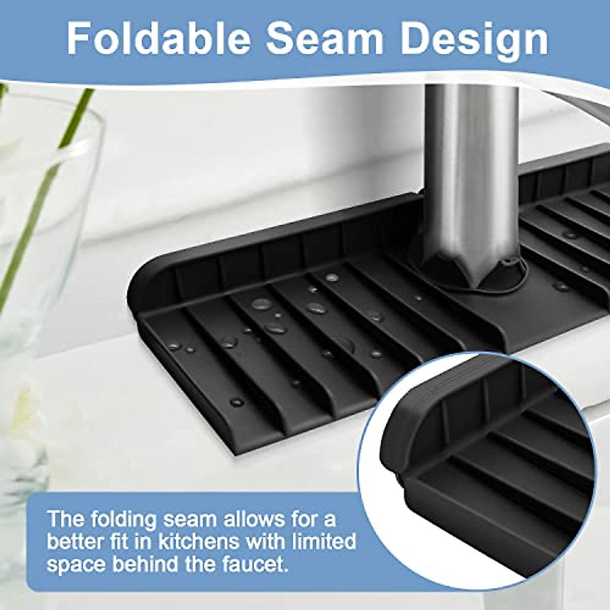 Silicone Faucet Handle Drip Catcher Tray, 2 Pack Silicone Faucet Mat for Kitchen Sink, Sink Splash Guard Behind Faucet, Faucet Drip Catcher to Keep Kitchen Clean and Dry 14.6''x5.4'' (Black)