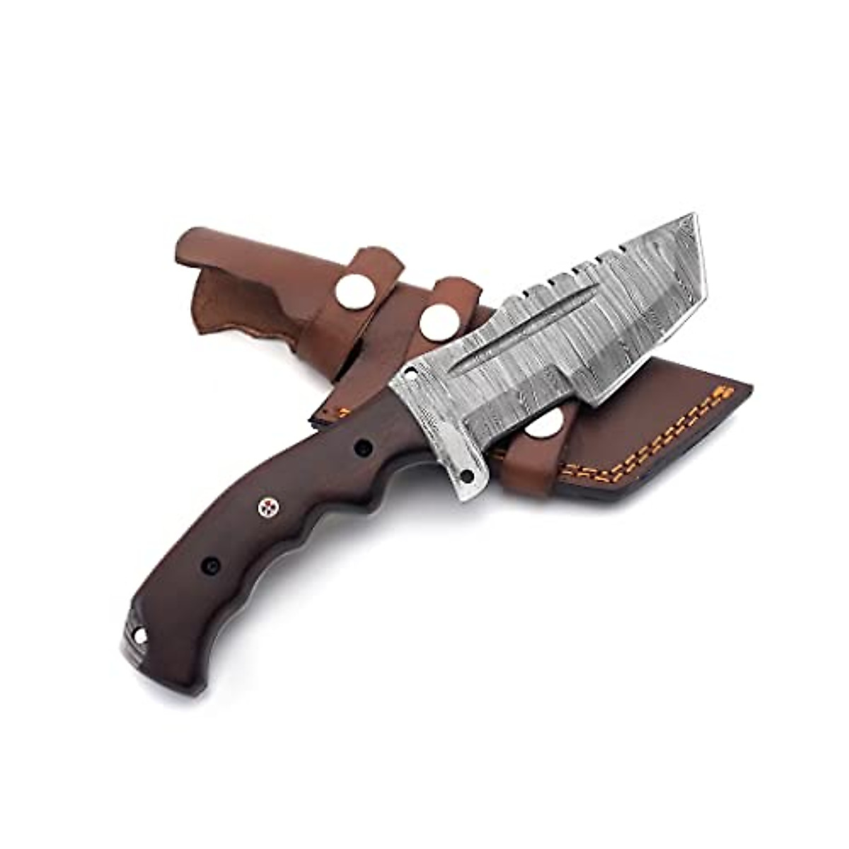 Handmade Damascus Tracker Knife 10 Inches Fixed blade hunting knife with Horizontal carry leather sheath Damascus steel fixed blade for hunting camping Skinning survival, rosewood handle.