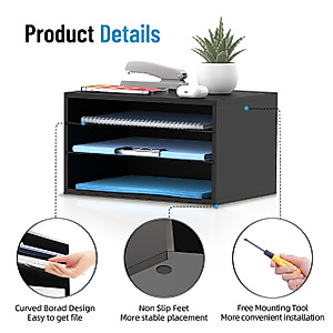 SHARKWOODS 3-Tier Paper Organizer for Desk, Wood Desktop Organizer with Adjustable Letter Tray, Mail Sorter for Office School & Home, Black