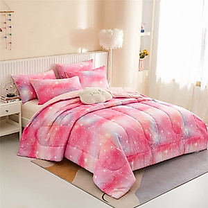 Pink Ombre Glitter Galaxy Comforter Set Twin Size for Girls, Sparkle Constellation Starry Sky Comforter for Kids Teen, 2 Piece Soft Microfiber Bedding Sets with 1 Pillow Case for All Season(Pink,Twin)
