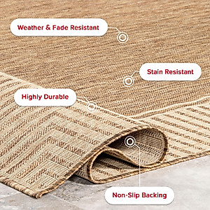 nuLOOM 8' x 10' Outdoor Area Rug, Casual Design With Striped Border, Stain Resistant, Highly Durable, For Patio, Balcony, Bedroom, Living Room, Dining Room, Bathroom, Light Brown