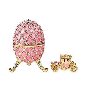 QIFU Vintage Pink Faberge Egg Style Enameled Trinket Box Hinged with Mini Royal Carriage