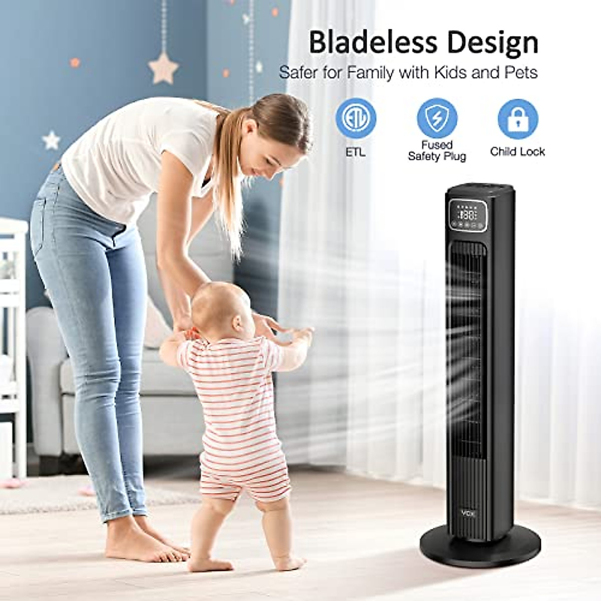 VCK Tower Fan, 80° Oscillating Fans with Remote, 36'' Quiet Cooling Fan,Adjustable 3 Speeds,4 Mode,12H Timer, LED Display with Auto Off,Standing Bladeless Floor Fan for Bedroom Home Office