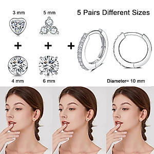 925 Sterling Silver Women's Stud Earrings Set, Hypoallergenic Cubic Zirconia Studs Cartilage Helix Earrings, 5 Pairs Different Sizes Silver Hoop Earring Stud Sets for Multiple Piercing Her Gifts