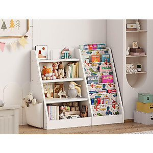 IRONCK Kids Bookshelf and Toy Storage Organizer, 4 Tier Wooden Kids Montessori Bookcase with 6 Layer Sling Shelves, for Kids Room, Bedroom, Playroom, White