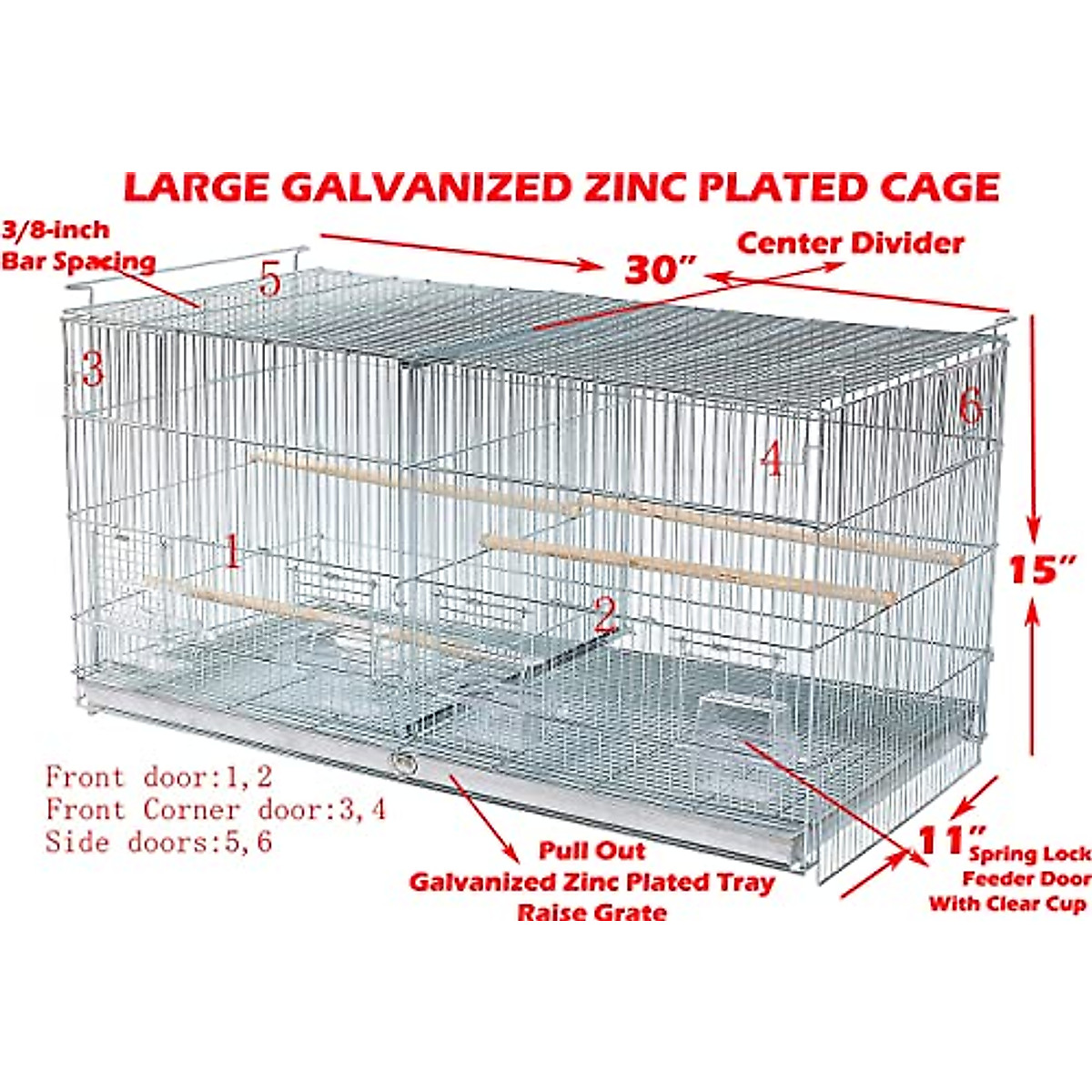 Galvanized Zinc Stackable Breeder Bird Flight Cage Side Breeding Nest Door with Removable Divider (Galvanized Zinc, 30"x11"x15"H Lot-4 Stand)