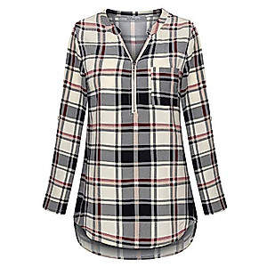 Furnex Women Chiffon Blouses, Women's 3/4 Sleeve Shirt Work Blouses Zip Up V Neck Tops Long Sleeve Office Zipper Tunic Shirt for Women Dressy Casual Business Tops for Wear to Work Beige Large