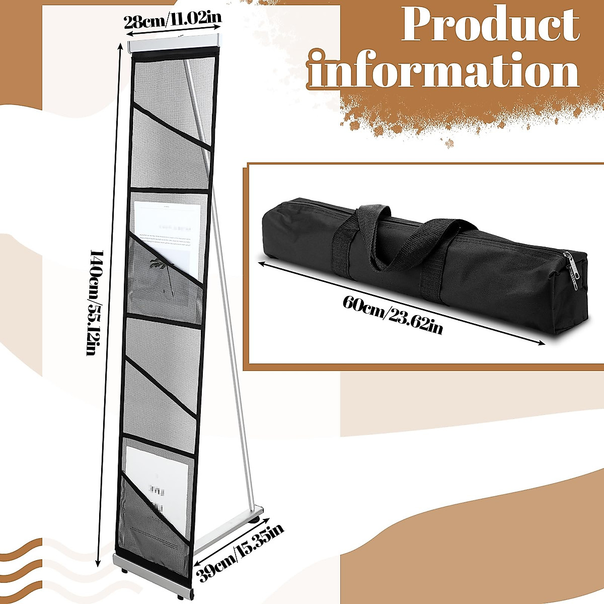 Thyle Magazine Display Rack 0.9ft x 4.6ft Mesh Brochure Display Holder Stand with 4 Pockets Portable Catalog Literature Display Rack for Tradeshows Retail Stores Vendor Events Businesses (Black)