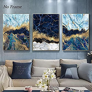 Navy Blue and Gold Marble Wall Art Abstract Marble Modern Trendy Canvas Prints Blue and White Marble Painting Abstract Shaped Artwork Light Blue and Navy Wall Art Abstract Marble 16x24inx3pcs No Frame