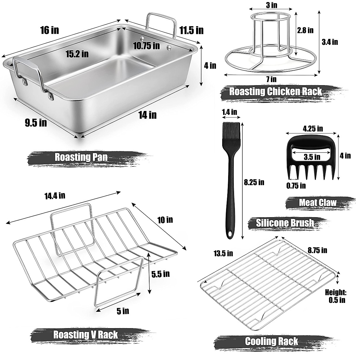 TeamFar Roasting Pan, Stainless Steel Large Turkey Roaster Pan with V Rack & Cooling Rack, Beer Can Chicken Holder & Meat Claws for Shredding & Silicone Brush, Healthy & Dishwasher Safe - 7 Pcs