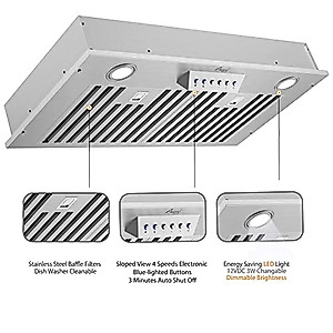Awoco 14-1/2"D Super Quiet Split Insert Stainless Steel Range Hood, 4-Speed, 1000 CFM, LED Lights, Baffle Filters with 8" Blower (30"W M 8" Vent)