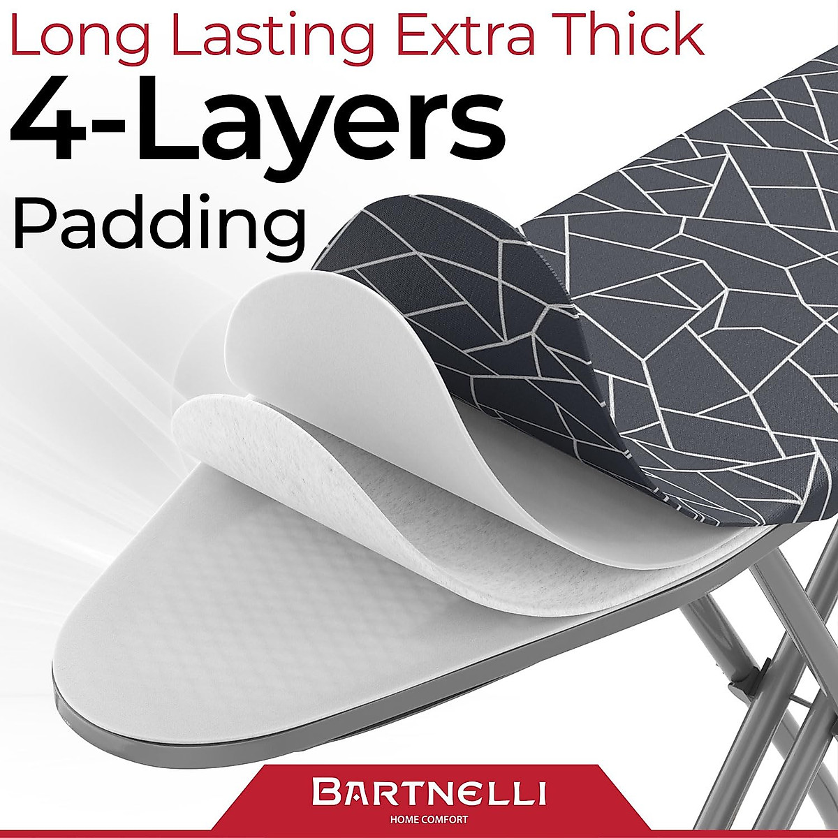 Bartnelli Ironing Board | Space-Saving and Ultimate Iron Board Experience 13x43 | Reinforced Steel Legs, Adjustable Height, 4-Layer Padding, Patent Folding System (BIBT-2110)