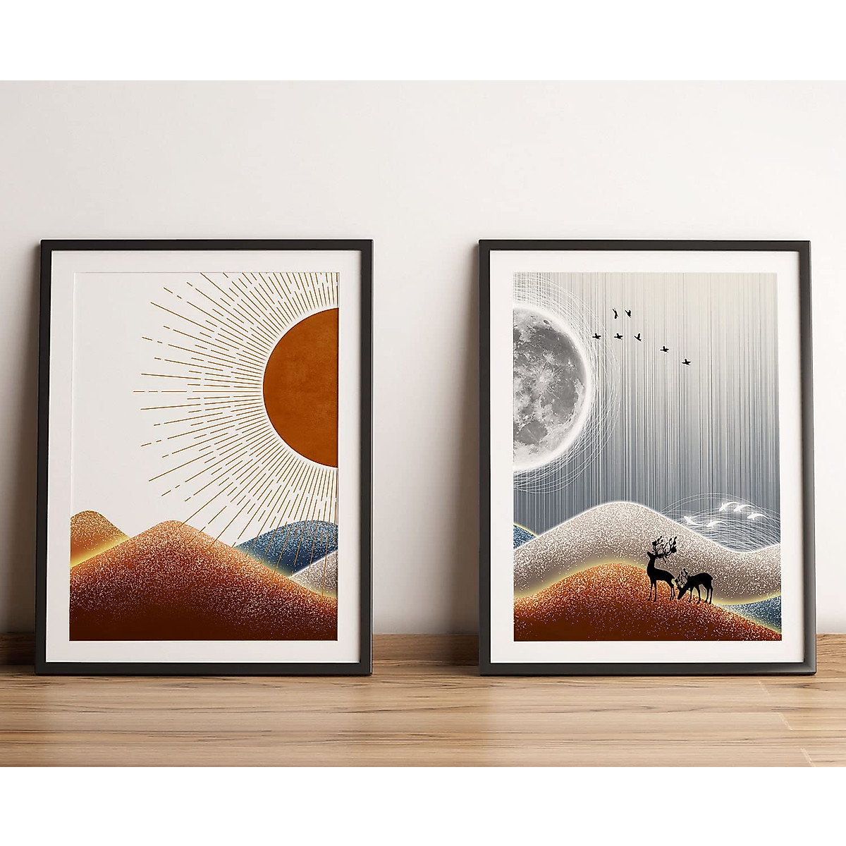 Boho Wall Art - Sun and Moon Art - Boho Bedroom Art - Sunshine Decor - Mid Century Modern Wall Decor - Bathroom, Living Room, Office, Classrooms, Home Wall Decor, Set of 2 Prints, 11x14" Unframed