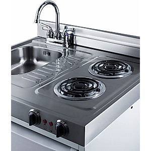 Summit C30EL 30" Kitchenette with 2 Coil Element Cooktop Sink and Faucet in White 2-door refrigerator-freezer included