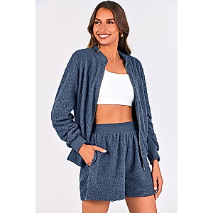 PRETTYGARDEN Women's Fall 2 Piece Outfits Casual Zip Up Teddy Fleece Jacket And Lounge Shorts Jogger Sets (Grey Blue,Large)