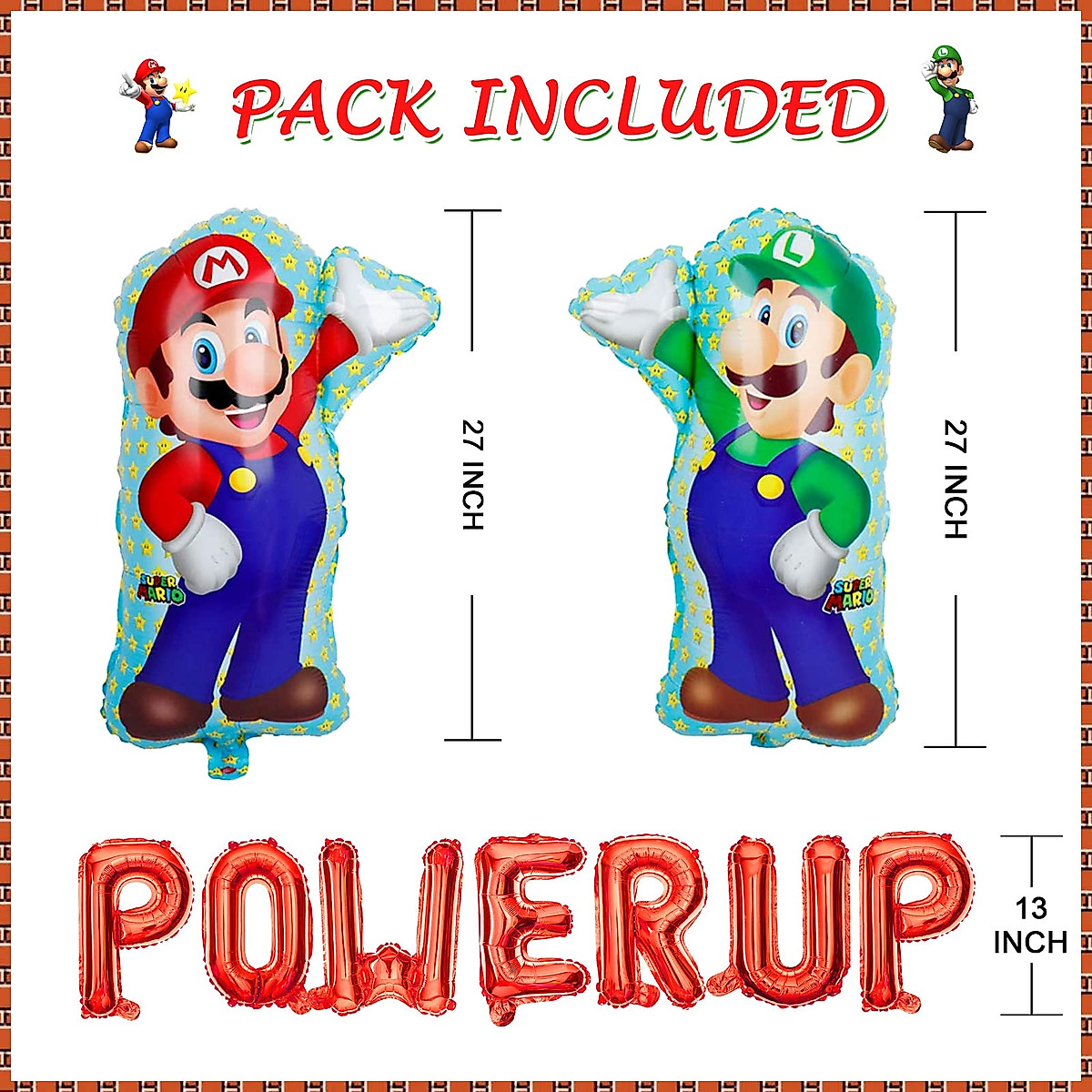 12 PCS Super Birthday Balloons Brothers theme Birthday Decoration with POWER UP Letter Balloons For Birthday Party (RED-06)