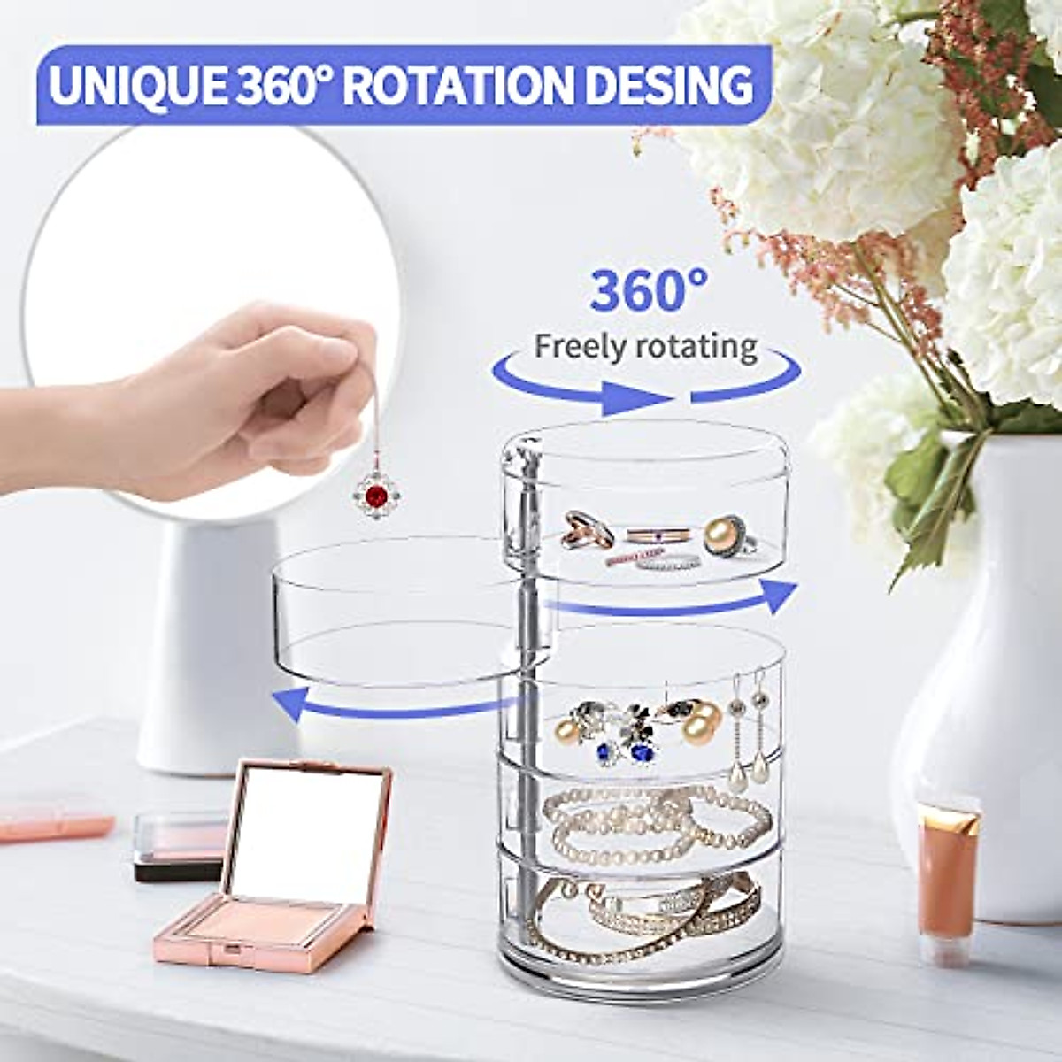 Clear Plastic Small Jewelry Organizer, 5-Layers Rotatable Jewelry Storage Box with Lid for Hair Accessories & Beauty Supplies Earrings Necklaces Bracelets (Clear-5-Layers)