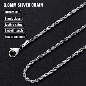 Fiusem Silver Tone 3mm Chain Necklace, Stainless Steel Rope Chain for Men and Women, Mens Necklace 20 Inch