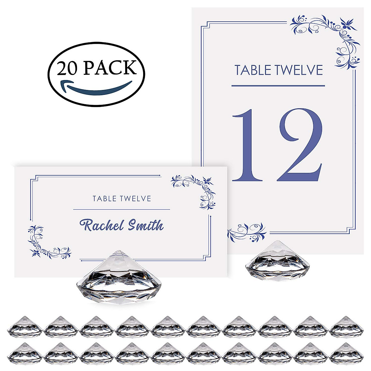 Diamond Table Number Holder & Place Card Holders [20 Pack] Sturdy, Crystal-Clear Acrylic Table Card Stands for Party & Wedding Table Decorations