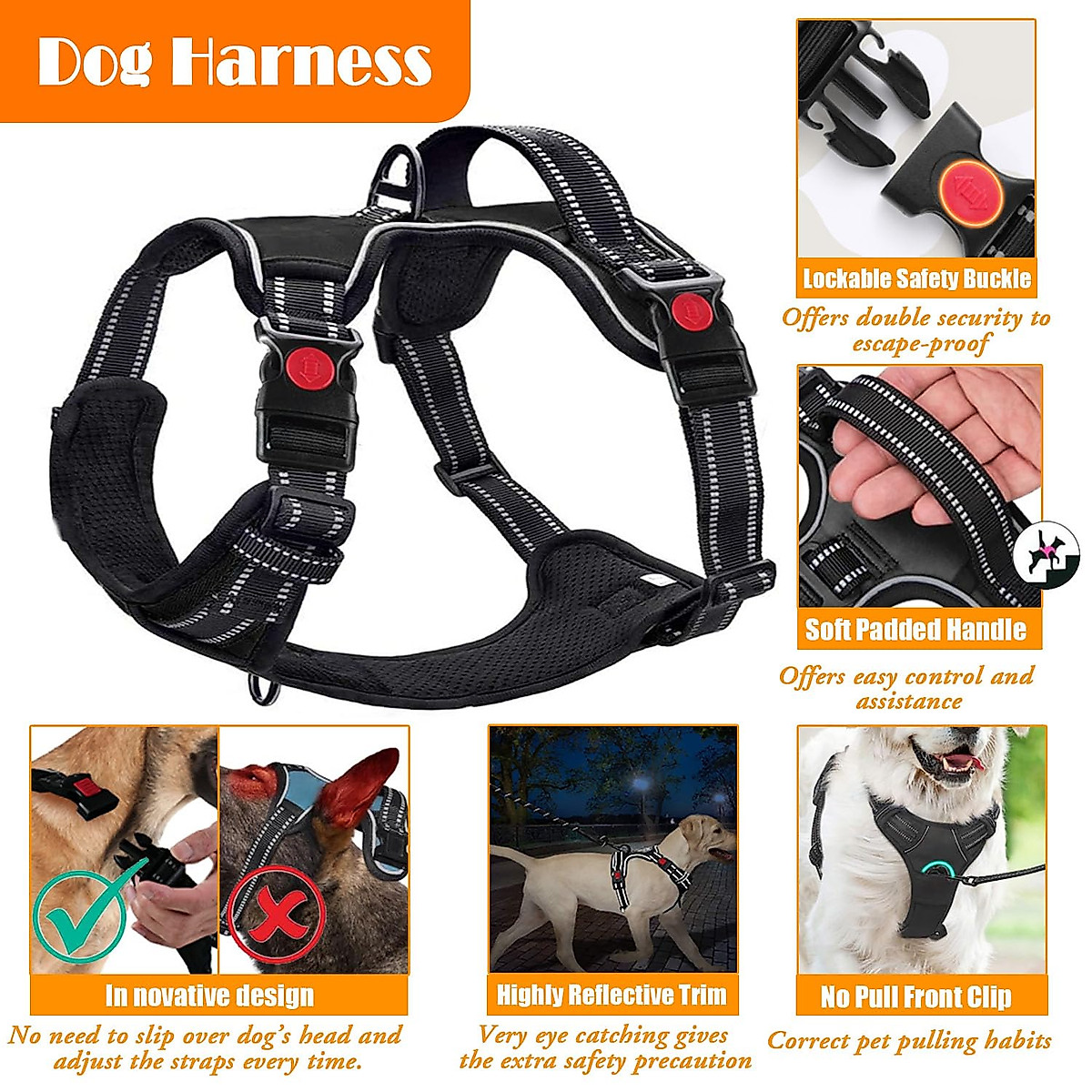 LOBEVE No Pull Dog Harness, Collar & Leash Set | Includes Dog Seat Belt, Collapsible Bowls & Poop Bag Dispenser. Ideal for Training, Walking, Hiking. Fits Small to Large Dogs(Black-M)