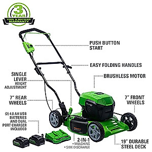 Greenworks 2 x 24V (48V) 19” Brushless Cordless Lawn Mower, (2) 4.0Ah Batteries and Dual Port Charger Included
