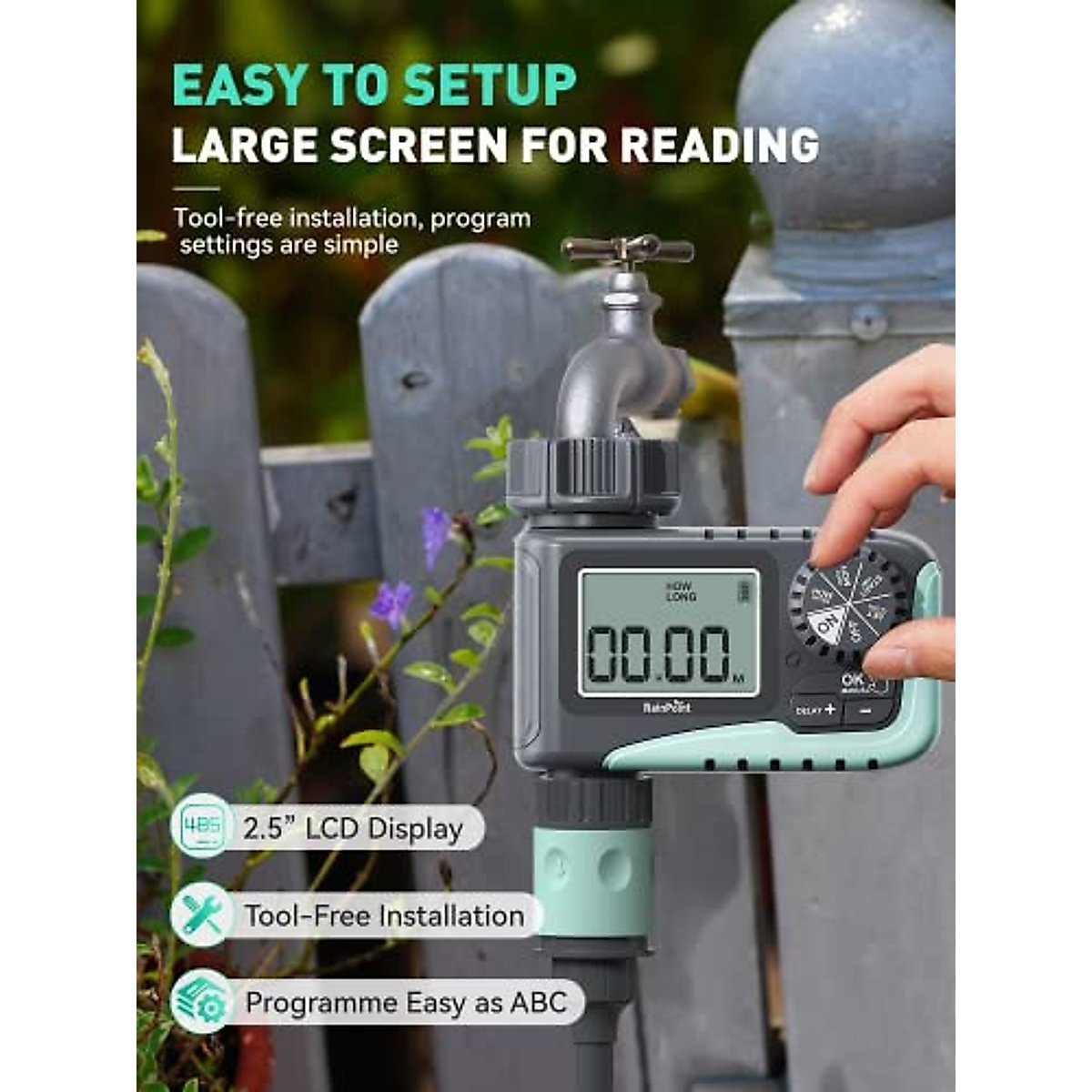 RAINPOINT Sprinkler Timer, Programmable Water Timer for Garden Hose, Outdoor Hose Timer with Rain Delay/Manual Watering System, Digital Irrigation Timer System for Yard, Lawns, 1 Outlet