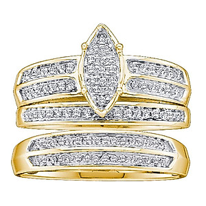 Sizes - L = 9, M = 9 - 10K Yellow Two Tone Gold Round Diamond Trio Three Ring Set - Matching His and Hers Engagement Ring & Wedding Bands - Micro Pave Marquise Center Setting Shape (.28 cttw.) - Please use drop down menu to select your desired ring sizes