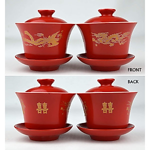 Gaiwan 2 Suits Porcelain Teacups 8oz Cups Chinese Dragon and Phoenix Cover Bowl Saucer Red tureen for Wedding Party (Dragon phoenix)