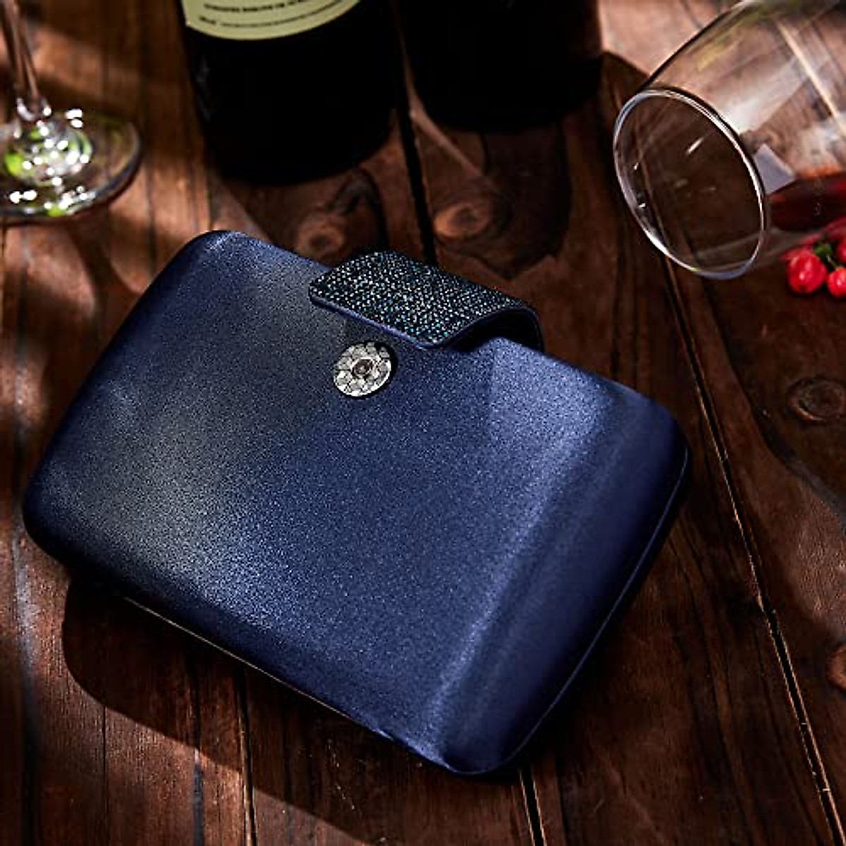 Ava&Lina Navy Blue Rhinestone Clutch Purses for Women Evening Samll Wedding Clutch Satin