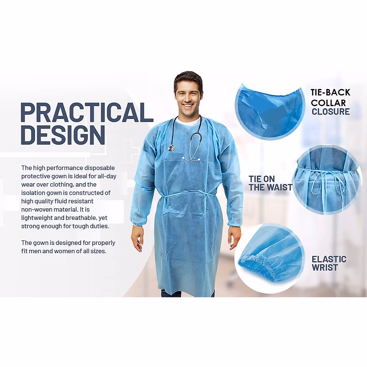 [10-Pack] Disposable Isolation Gown, FDA Registered, AAMI Level 1 PP & PE 30g, Fully Closed Double Tie Back, Elastic Cuffs, Fluid Resistant, Unisex (10), Blue