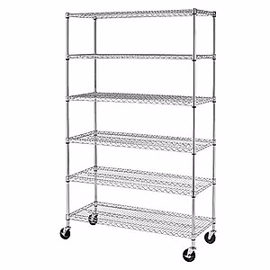 FDW 48 inch L×18 inch W×76 inch H Wire Shelving Unit Metal Shelf with 6 Tier Casters Adjustable Layer Rack Strong Steel for Restaurant Garage Pantry Kitchen Garage, Chrome
