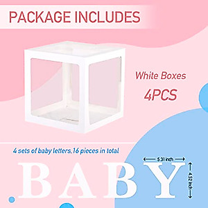 PABUES Baby Boxes with 4 PCS Letters for Baby Shower White Clear Balloon Box Blocks Gender Reveal Decorations and Birthday Party