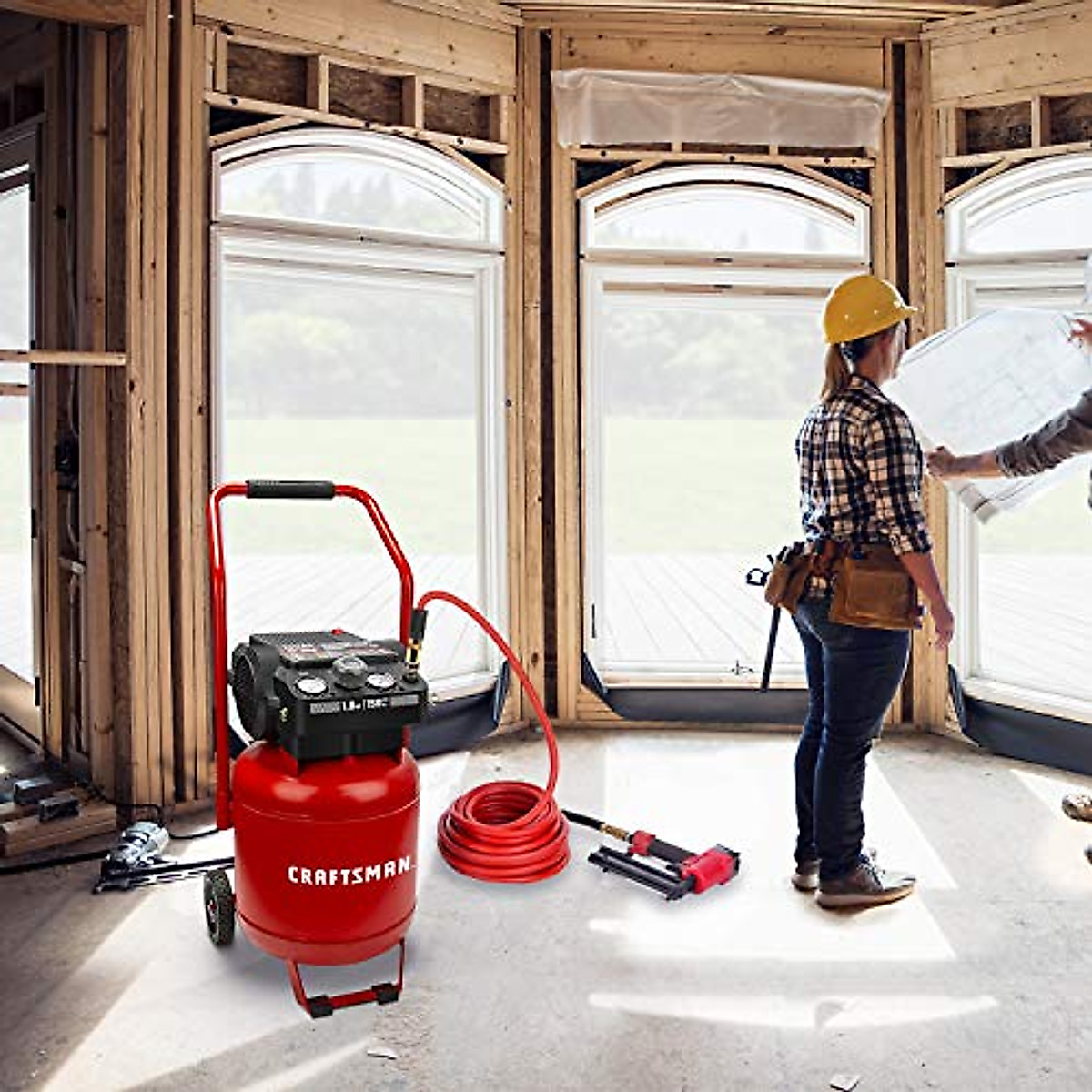 Craftsman Air Compressor, 10 Gallon Peak 1.8 Horsepower Oil-free Compressor, Max 150 PSI, Vertical Compressor Air Tools, Model: CMXECXA0331042, Red